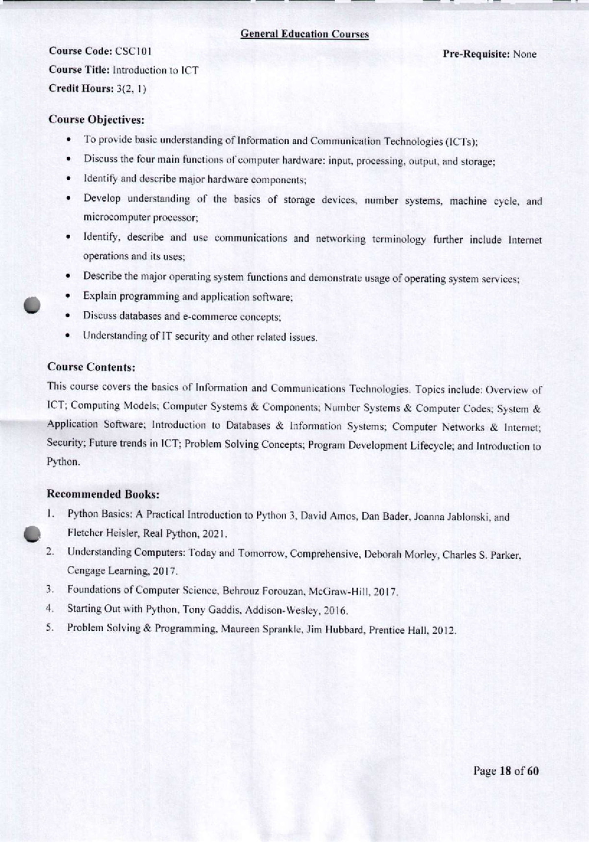 NUST - General Education Courses Course Code: CSC 10 1 Course Title: Introduction to ICT Credit ...