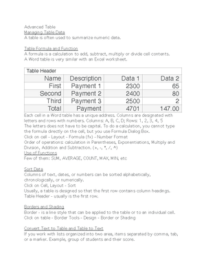 IT-150 Class 18 Lecture Notes - Class 18 EXCELL TABLES Data Tables A ...