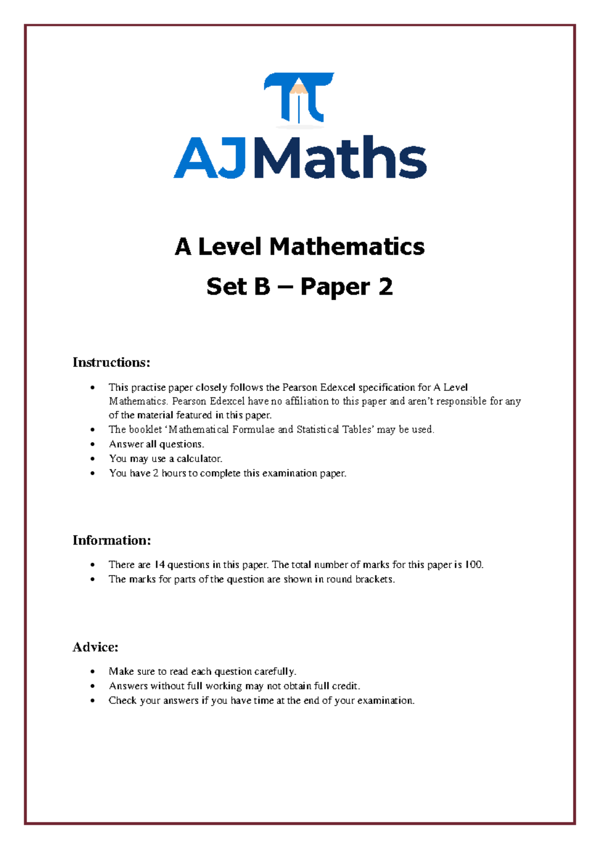 A level maths set b paper 2 - A Level Mathematics Set B – Paper 2 ...