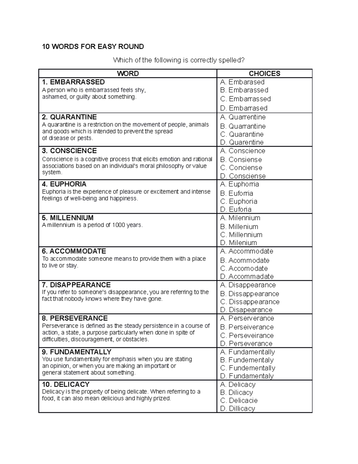 Spelling - WNZLJNN8Y 0V 9U( qugtJHbuBN - 10 WORDS FOR EASY ROUND Which ...