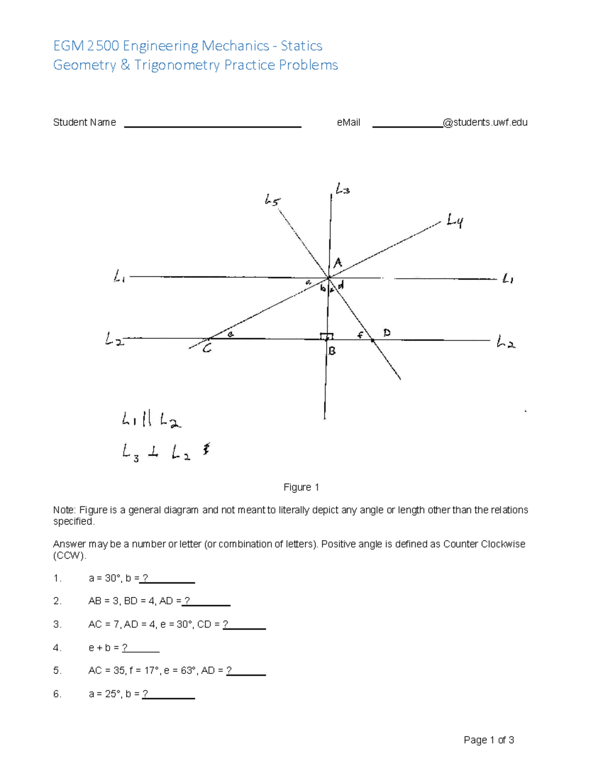 EGM 2500 Geometry-Trig Practice - EGM 2500 Engineering Mechanics ...
