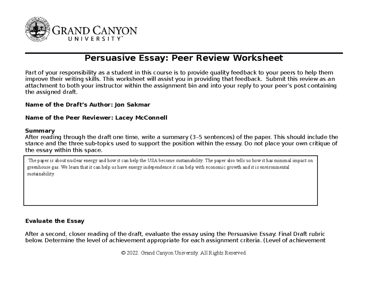 T-6 Peer Review Worksheet PHI105 - Persuasive Essay: Peer Review ...