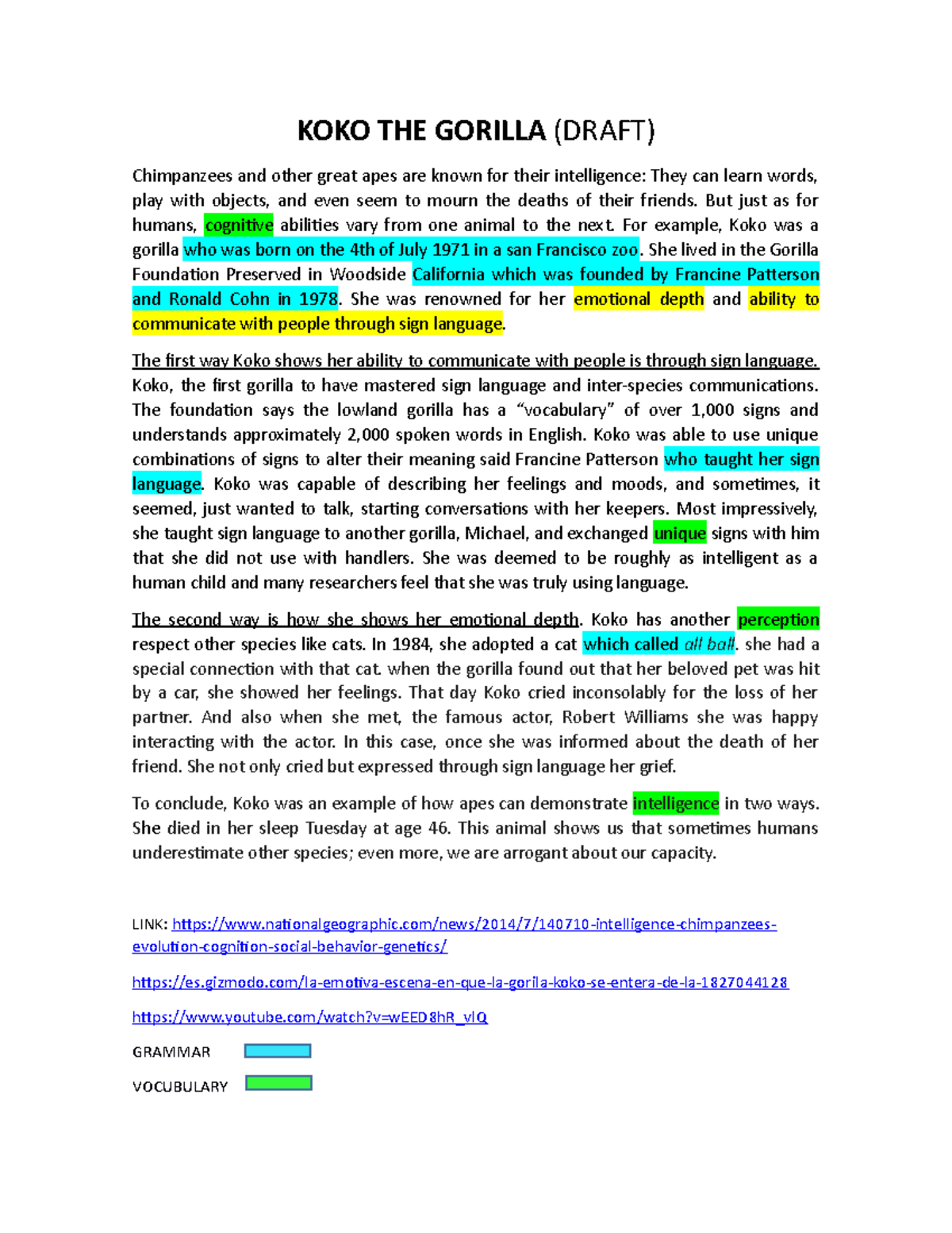 Essay KOKO THE Gorilla - KOKO THE GORILLA (DRAFT) Chimpanzees and other ...