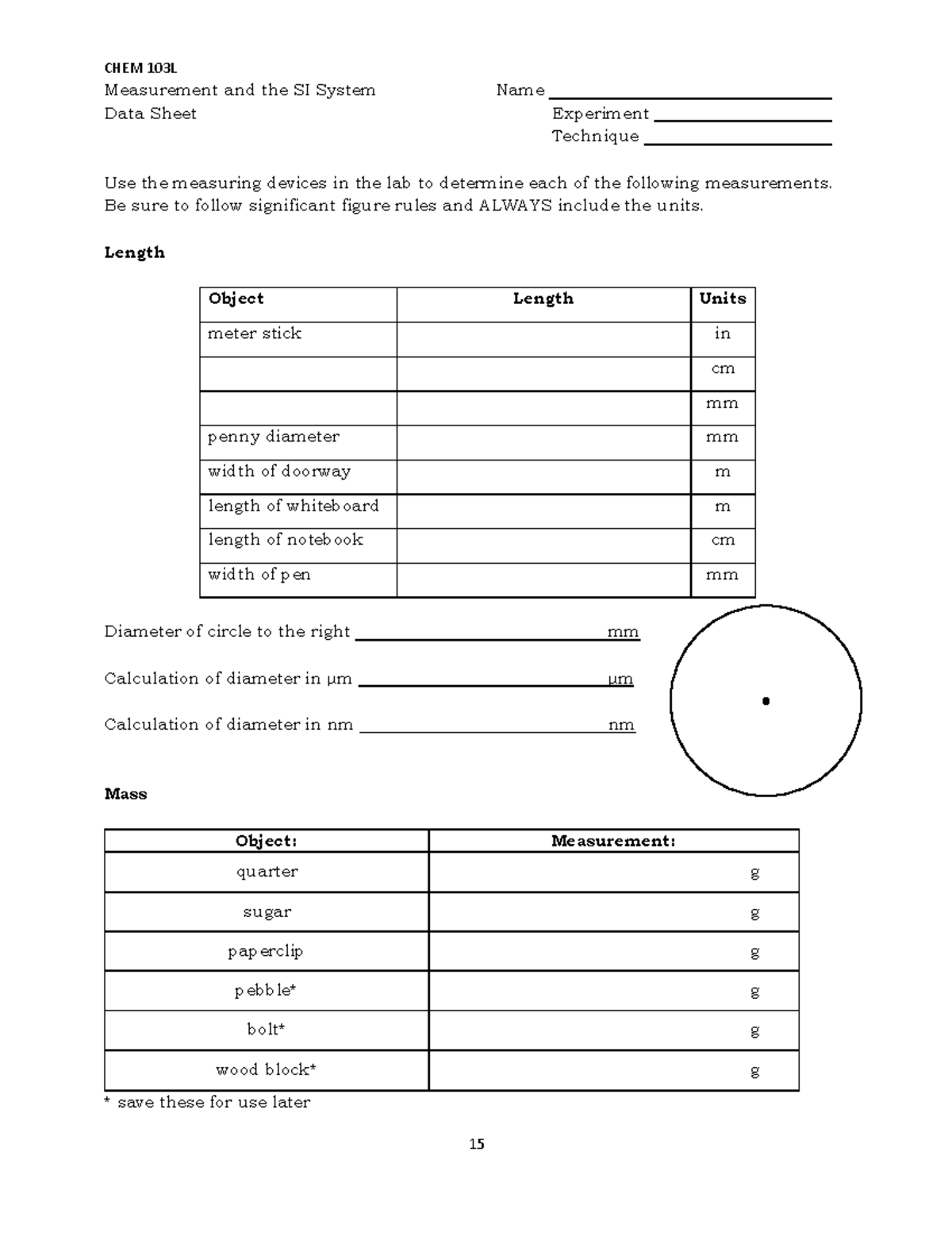 Measurements and the Metric System Data Sheet - CHEM 1 0 3L 15 ...