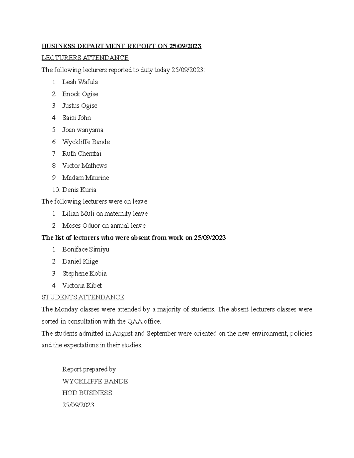 Business Department Report ON 25 - BUSINESS DEPARTMENT REPORT ON 25/09 ...