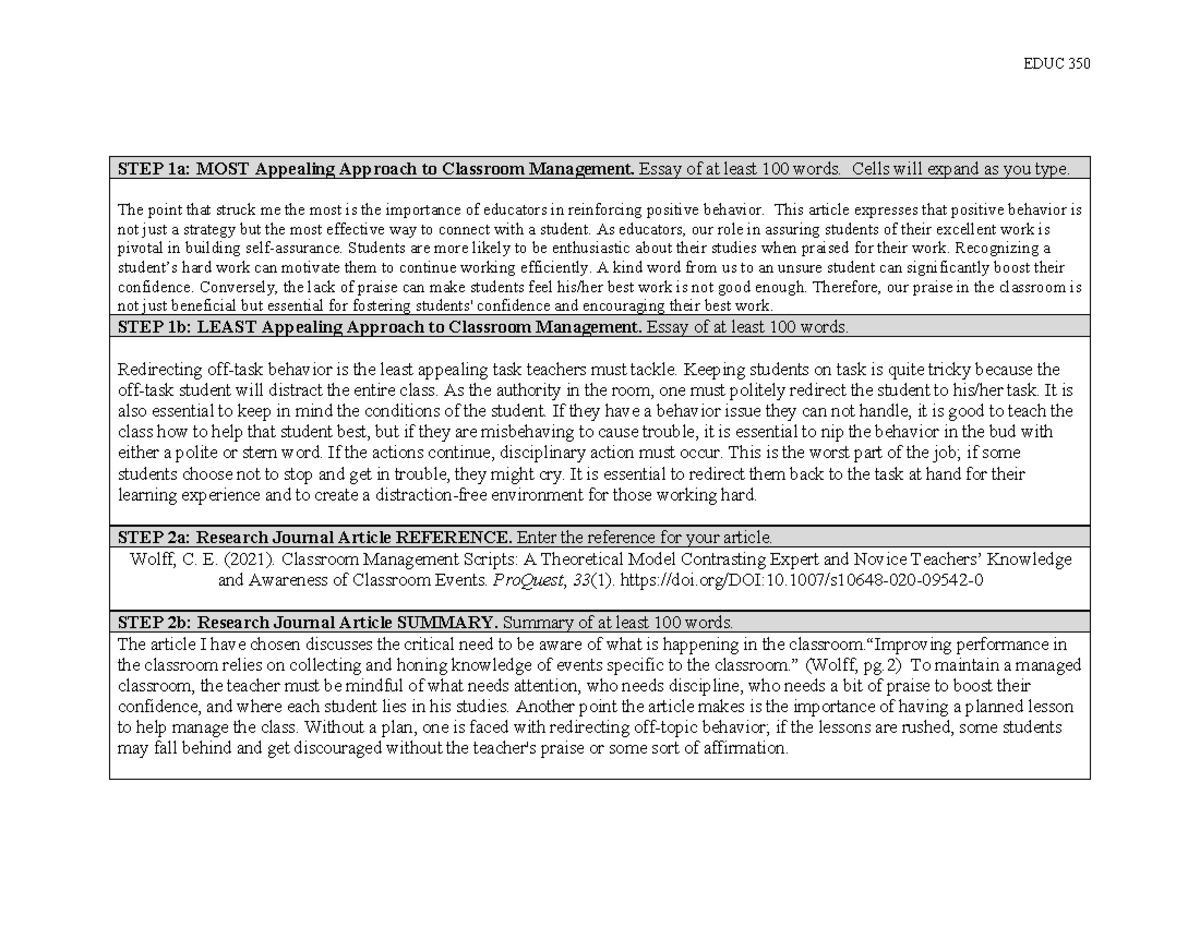 Case Study Assignment for EDUC 350 - EDUC 350 STEP 1a: MOST Appealing ...