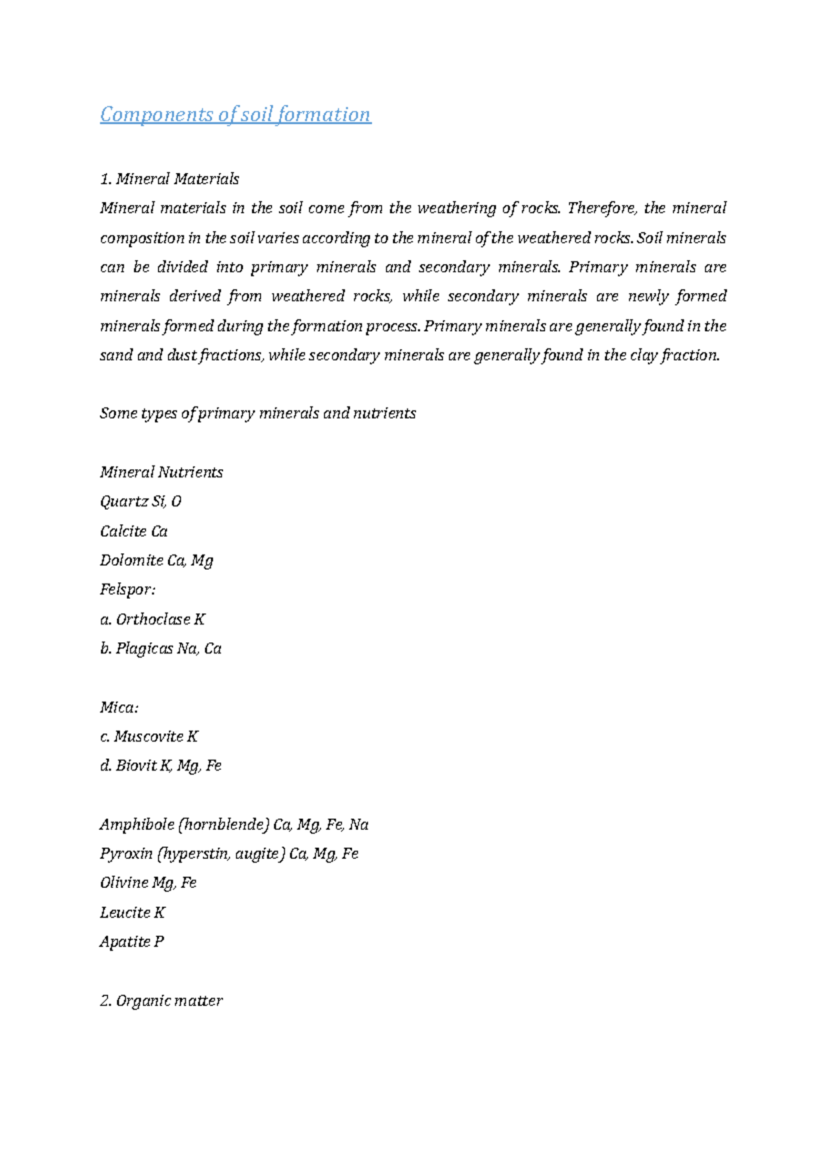 Components of soil formation - Components of soil formation Mineral ...