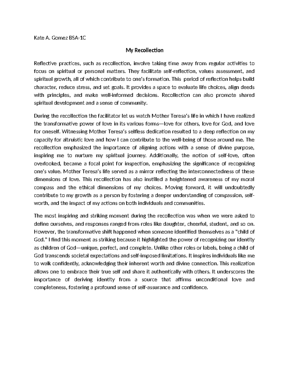 Recollection - N/A - Kate A. Gomez BSA-1C My Recollection Reflective ...