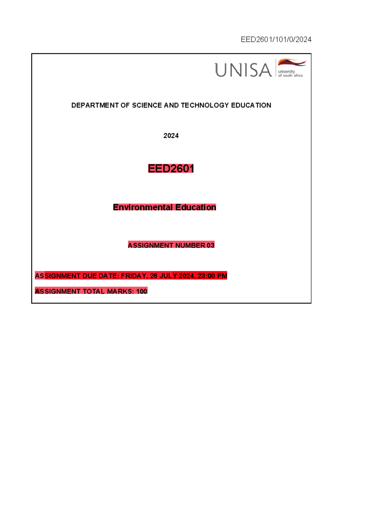 EED2601 Assessment 3 - Assignment 3 for environmental education 2024 - EED2601/101/0/ DEPARTMENT ...