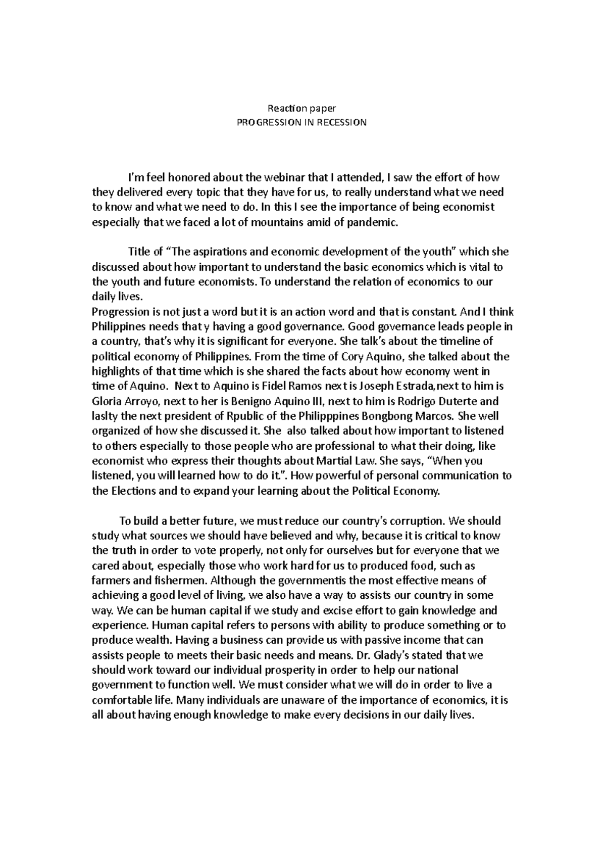 Progression in recession - Reaction paper PROGRESSION IN RECESSION I’m ...