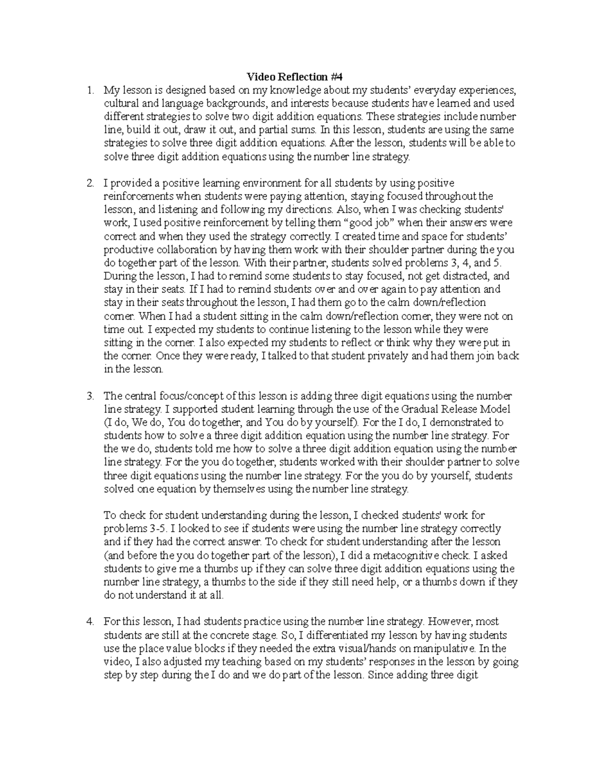 Video Reflection #4 - These strategies include number line, build it ...