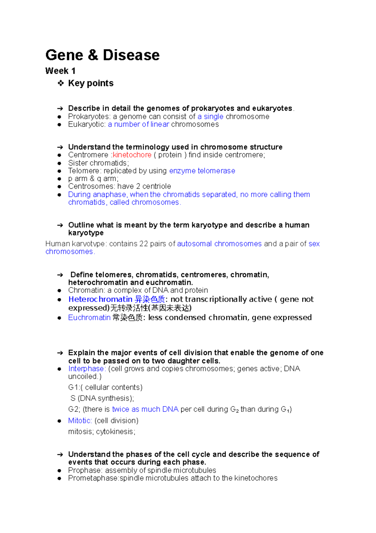 Gene & Disease Notes - Gene Disease Week 1 Key points Describe in ...