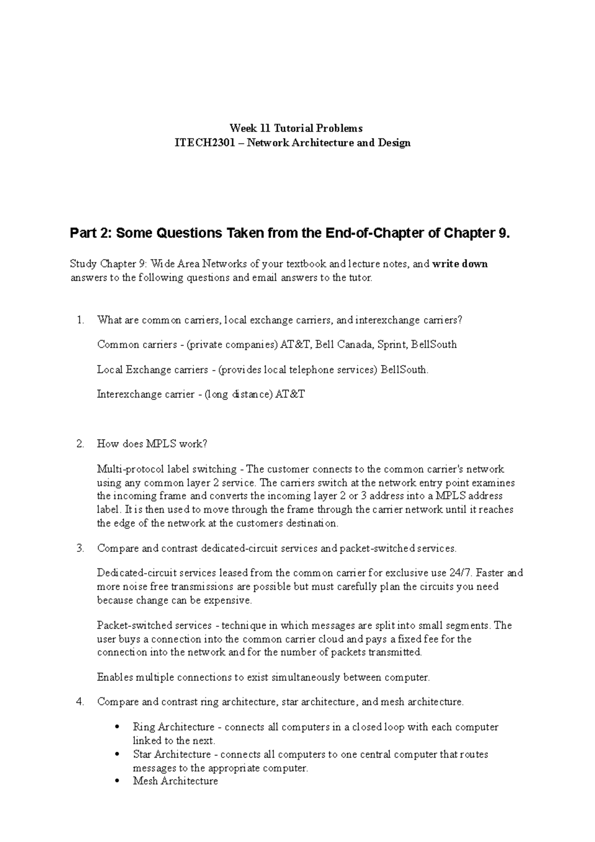 Week11 tutorial Solved - Week 11 Tutorial Problems ITECH2301 – Network ...