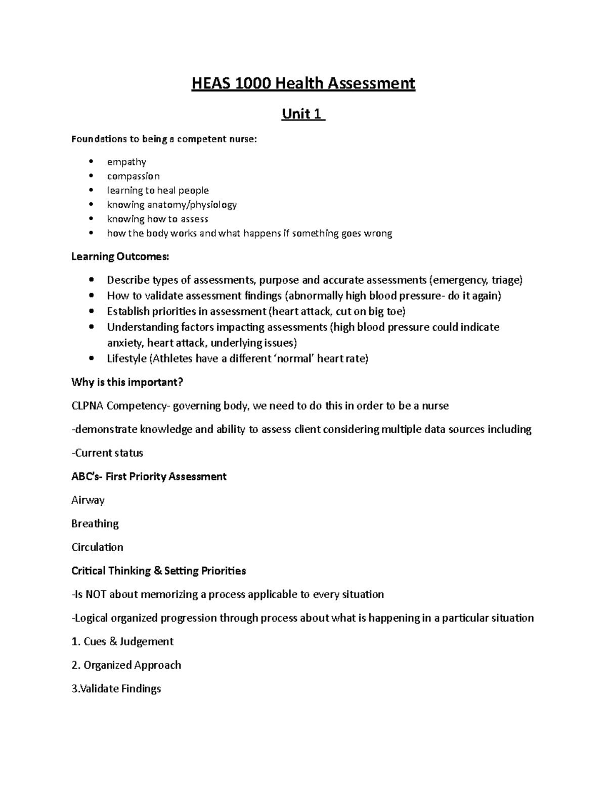 Health Assessment Notes for Nursing - HEAS 1000 Health Assessment Unit ...