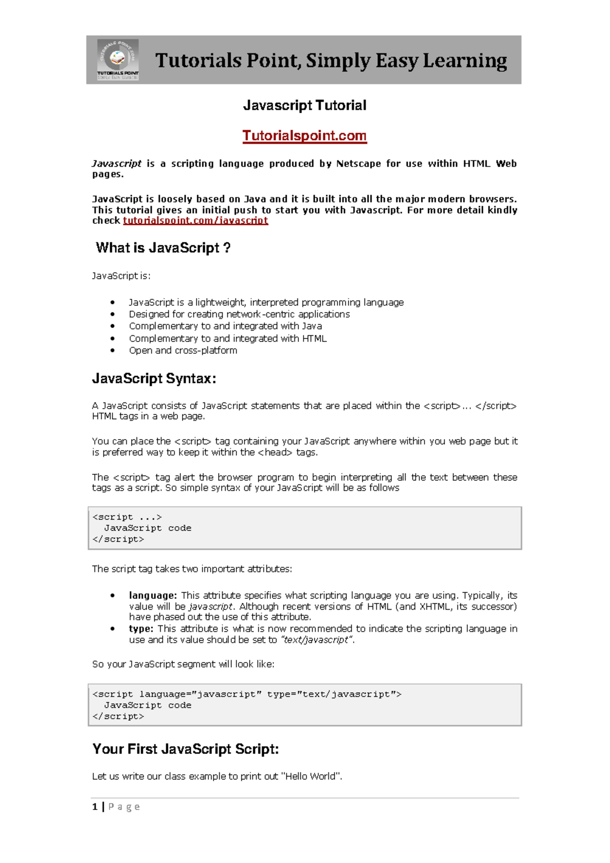 Javascript Tutorial Javascript Tutorial Tutorialspoint Javascript Is 