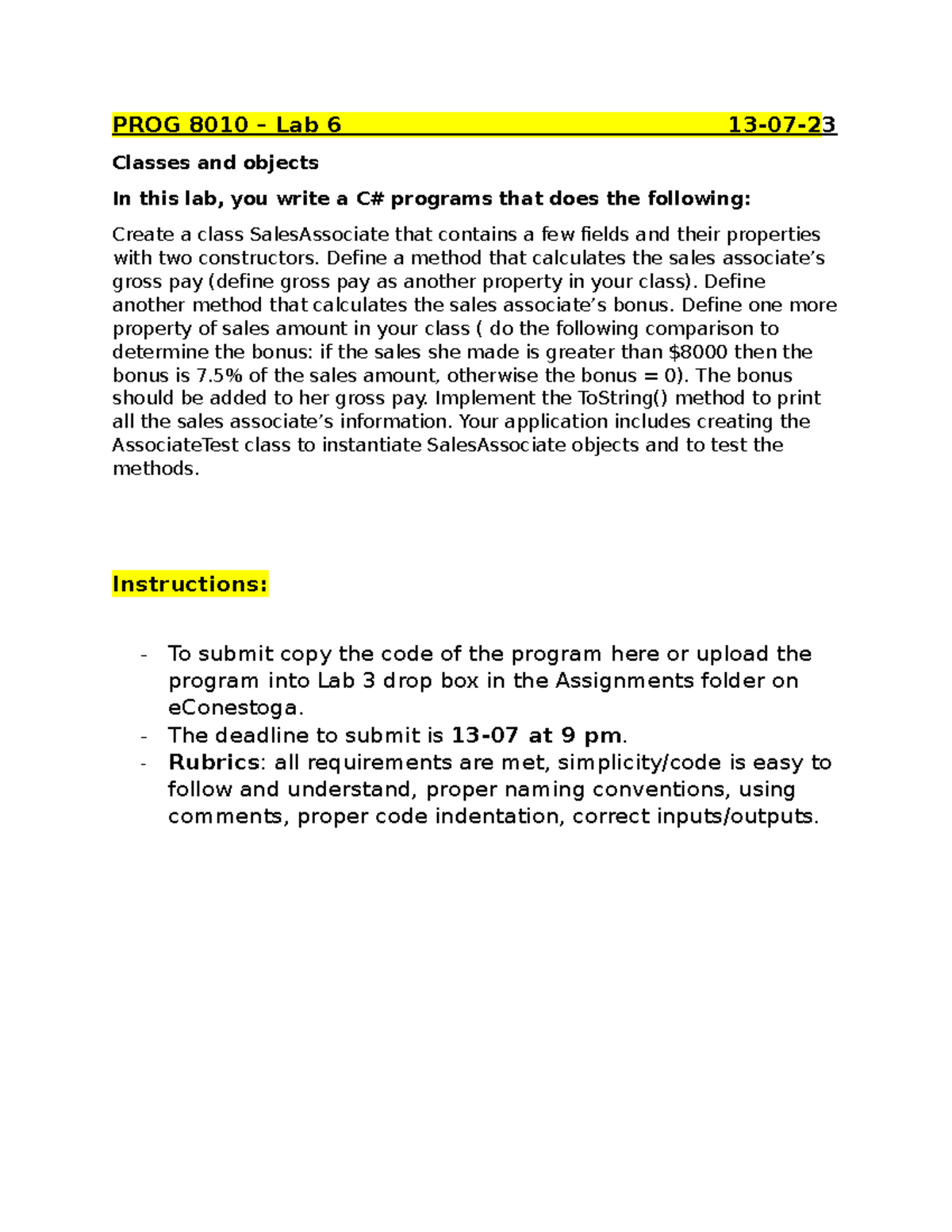 Prog 8010 1 Lab 6 S23 In Class Task 6 Prog 8010 Lab 6 13 07 2 3 Classes And Objects In