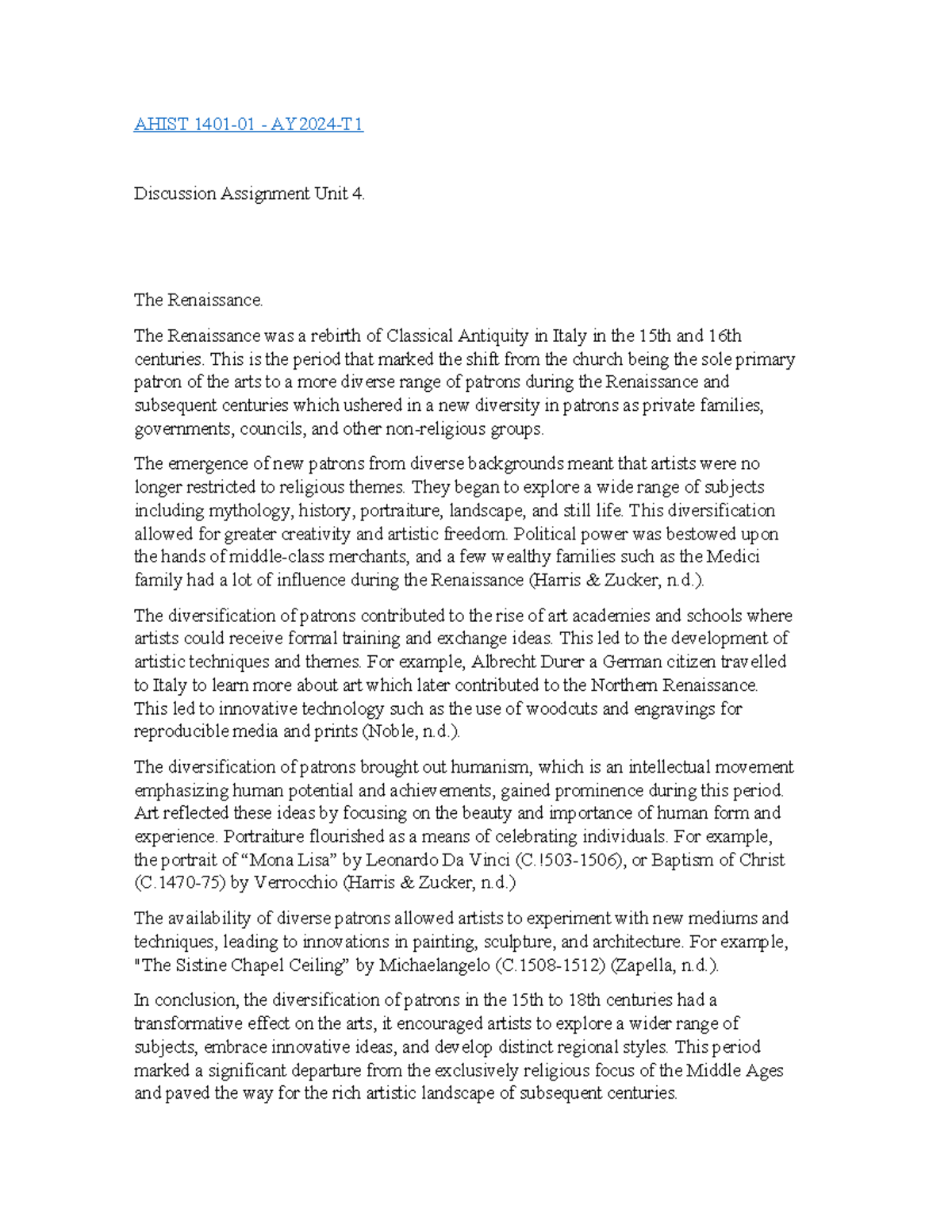 AHIST 1401-01 - AY2024-T1-Discussion Assignment Unit 4 - The ...