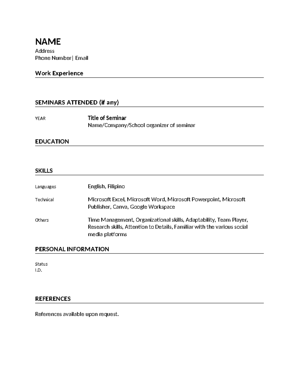 CVResume Fresh Grad - BSBA - NAME Address Phone Number| Email Work ...