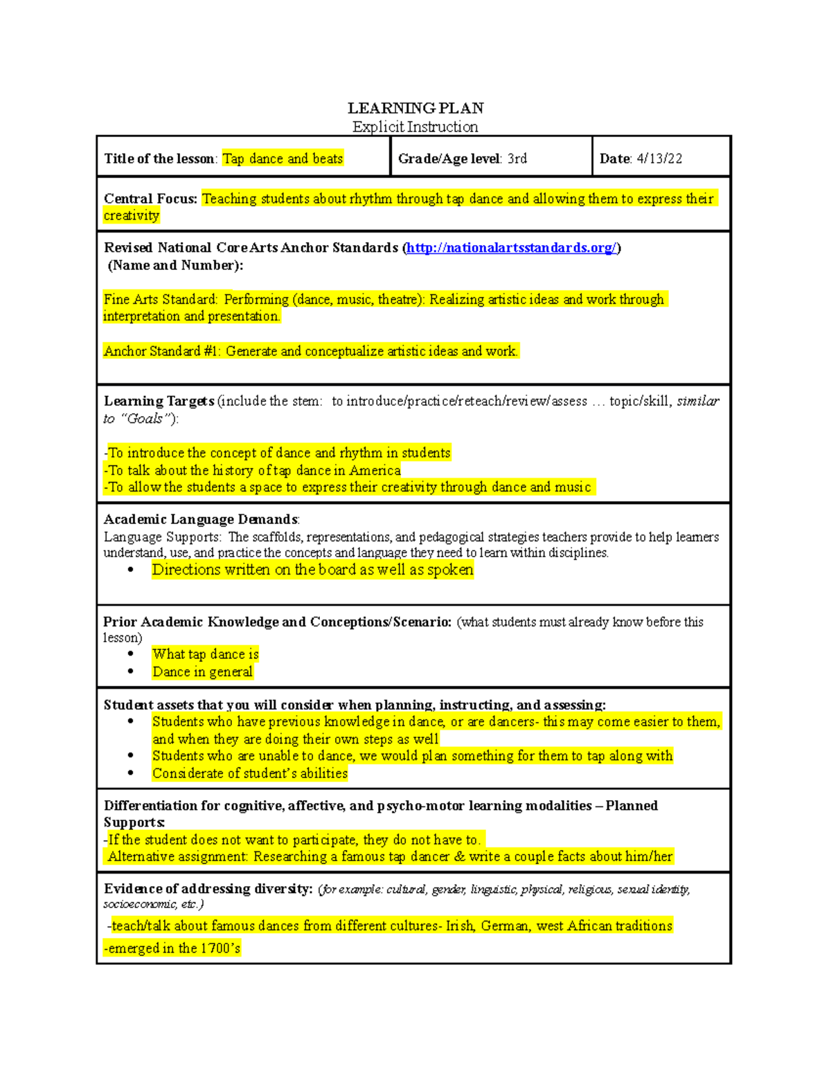 Fine arts learning plan - LEARNING PLAN Explicit Instruction Title of ...