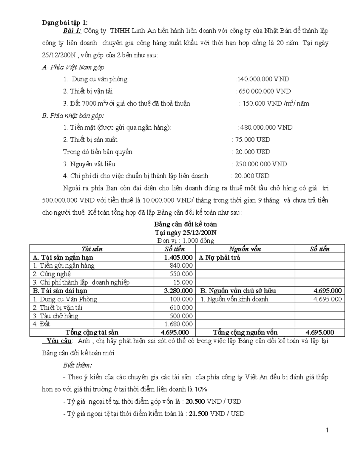 BT Chinh quy KtCb - Dạng bài tập 1: Bài 1: Công ty TNHH Linh An tiến hành liên doanh với công ty ...