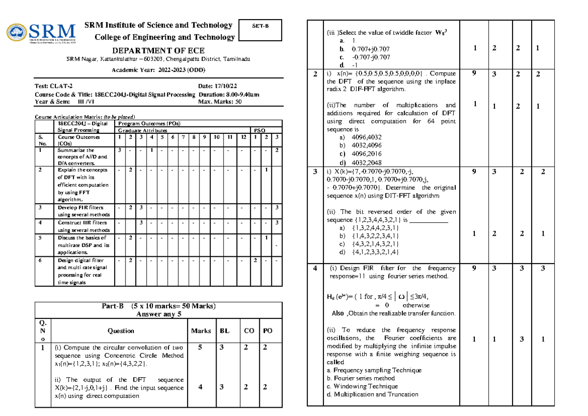 CLAT-2 -SET B QP - QP for microprocessor ct2 - SRM Institute of Science and Technology College ...