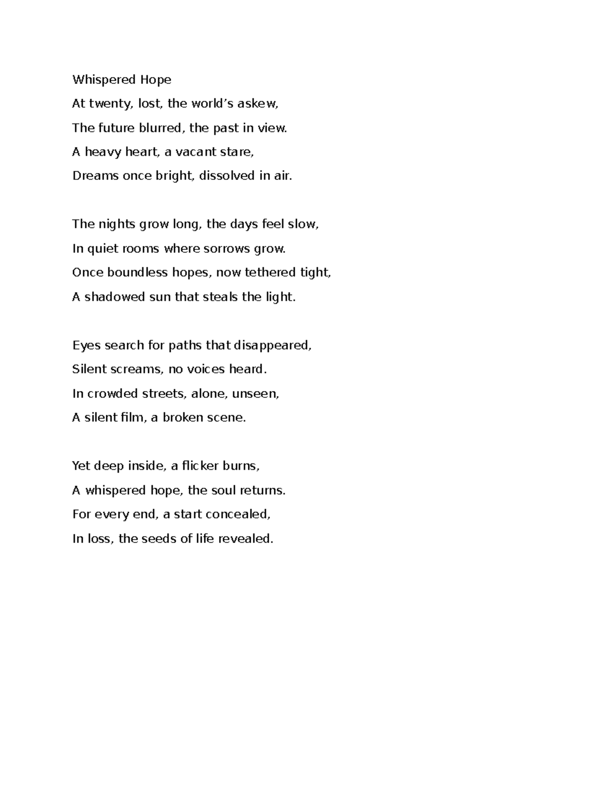 Whispered Hope - poem - Whispered Hope At twenty, lost, the world’s ...