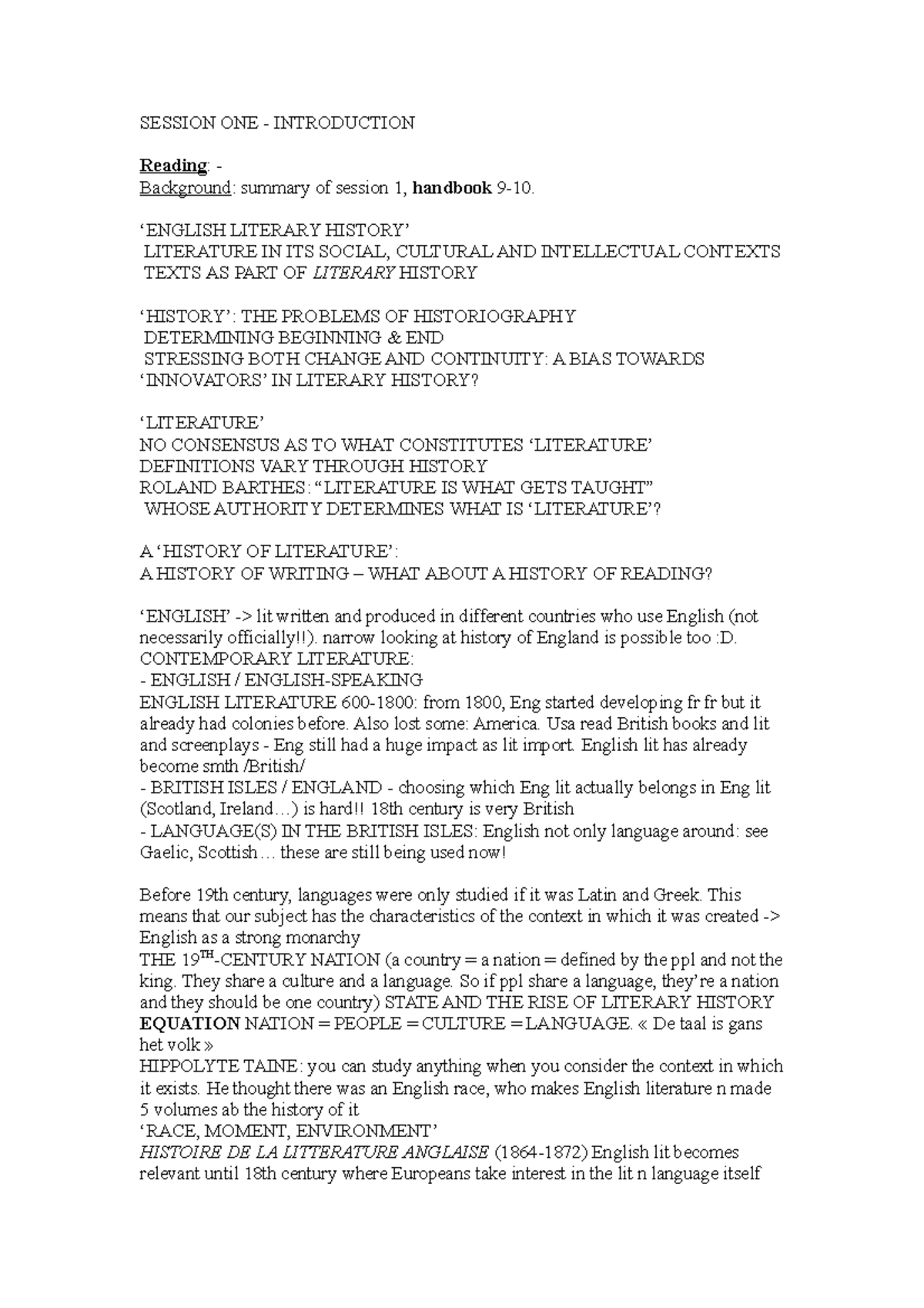 Eng lit session one notes - SESSION ONE - INTRODUCTION Reading ...