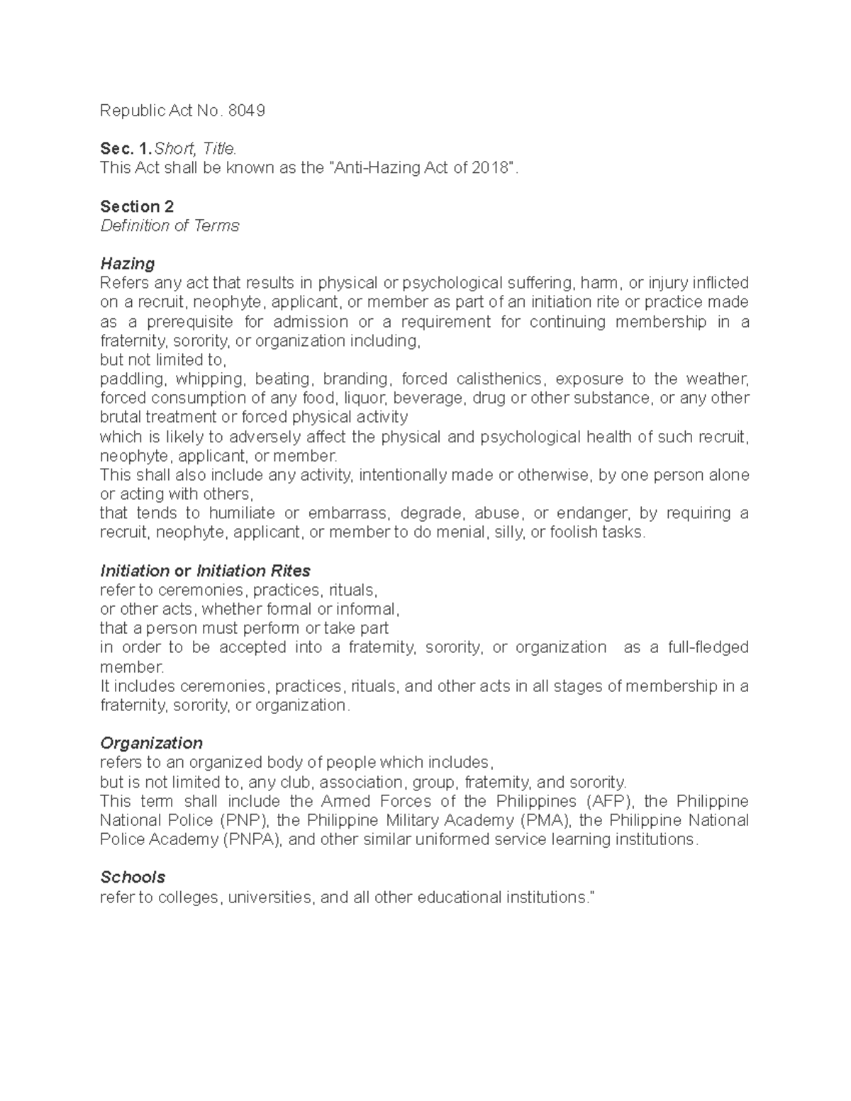 Republic Act No. 8049 Anti Hazing Act of 2018 - Republic Act No. 8049 ...