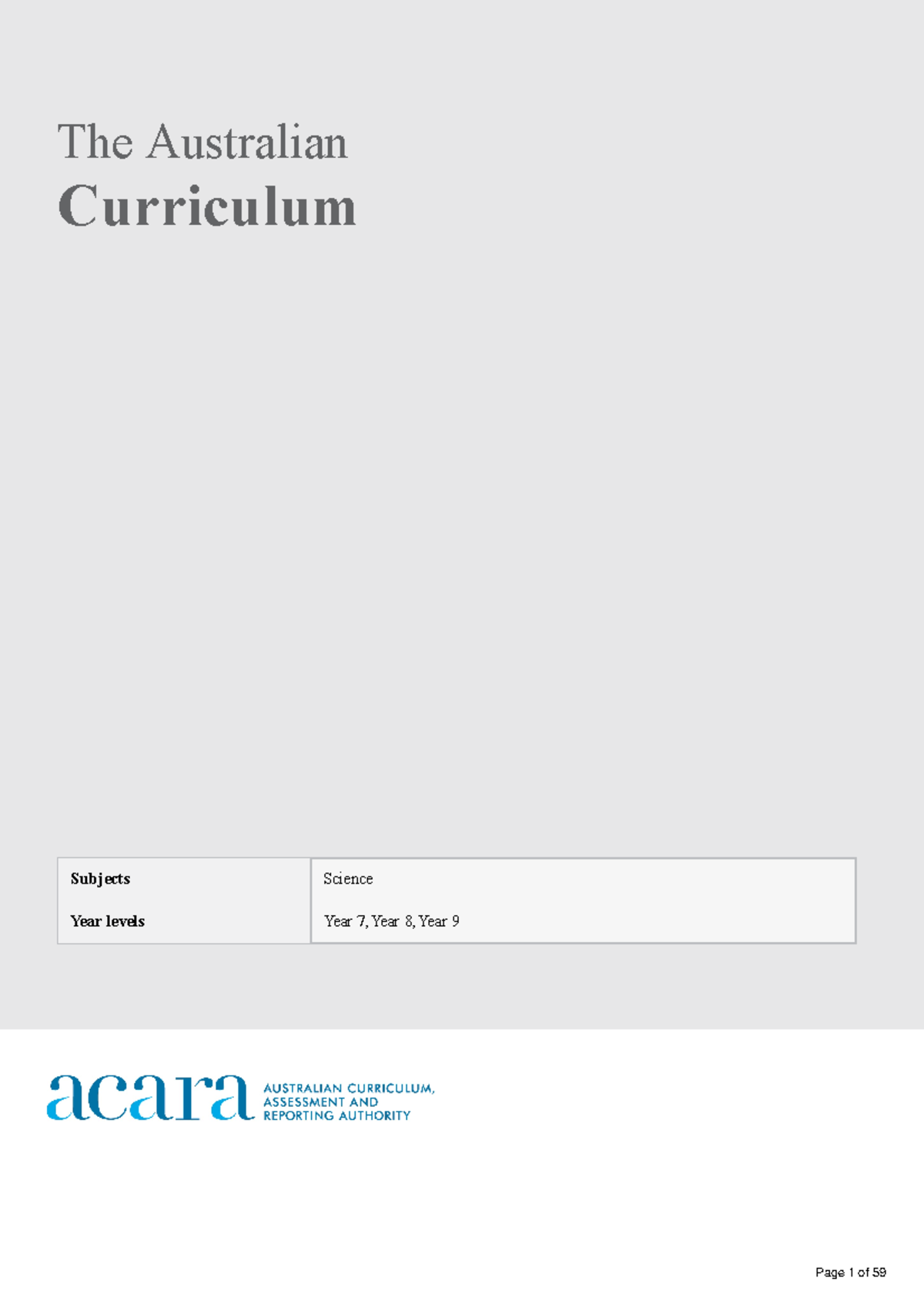 Australian Curriculum - The Australian Curriculum Subjects Science Year ...