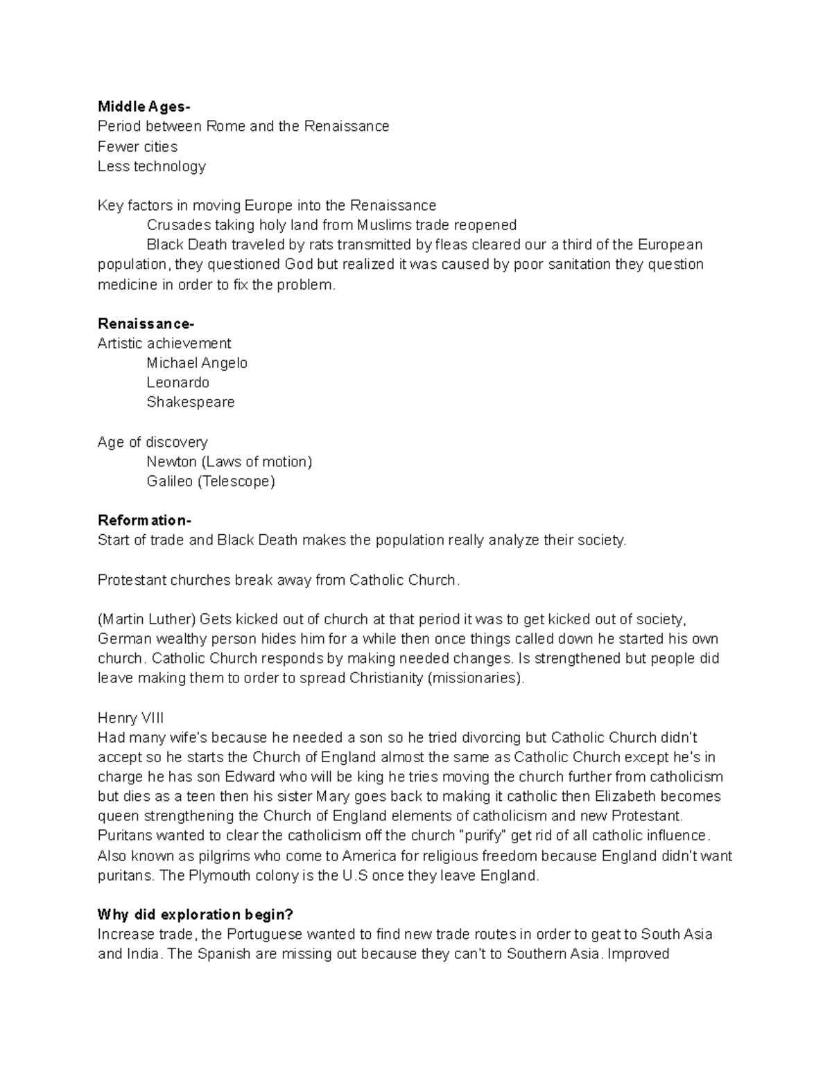 Notes - Beginning of U.S history lectures - Middle Ages- Period between ...