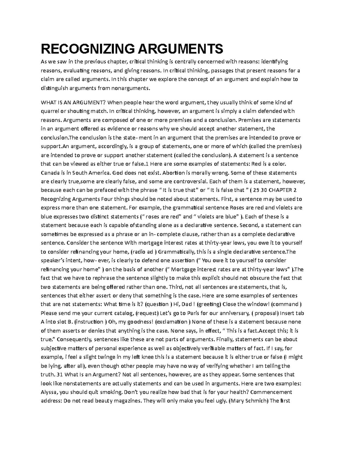 Recognizing Arguments - RECOGNIZING ARGUMENTS As we saw in the previous chapter, critical ...