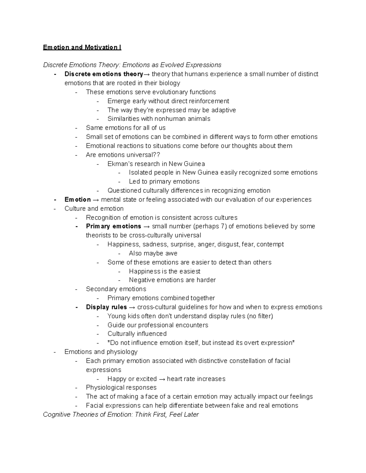 PSYC 111 Unit Two Notes - Emotion and Motivation I Discrete Emotions ...