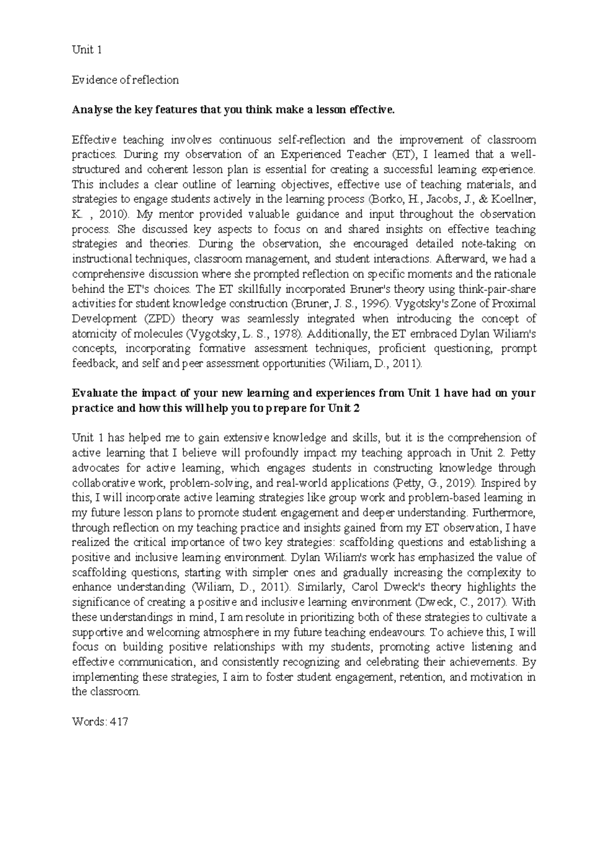 4164 U1 Evidence of Reflection - Unit 1 Evidence of reflection Analyse ...