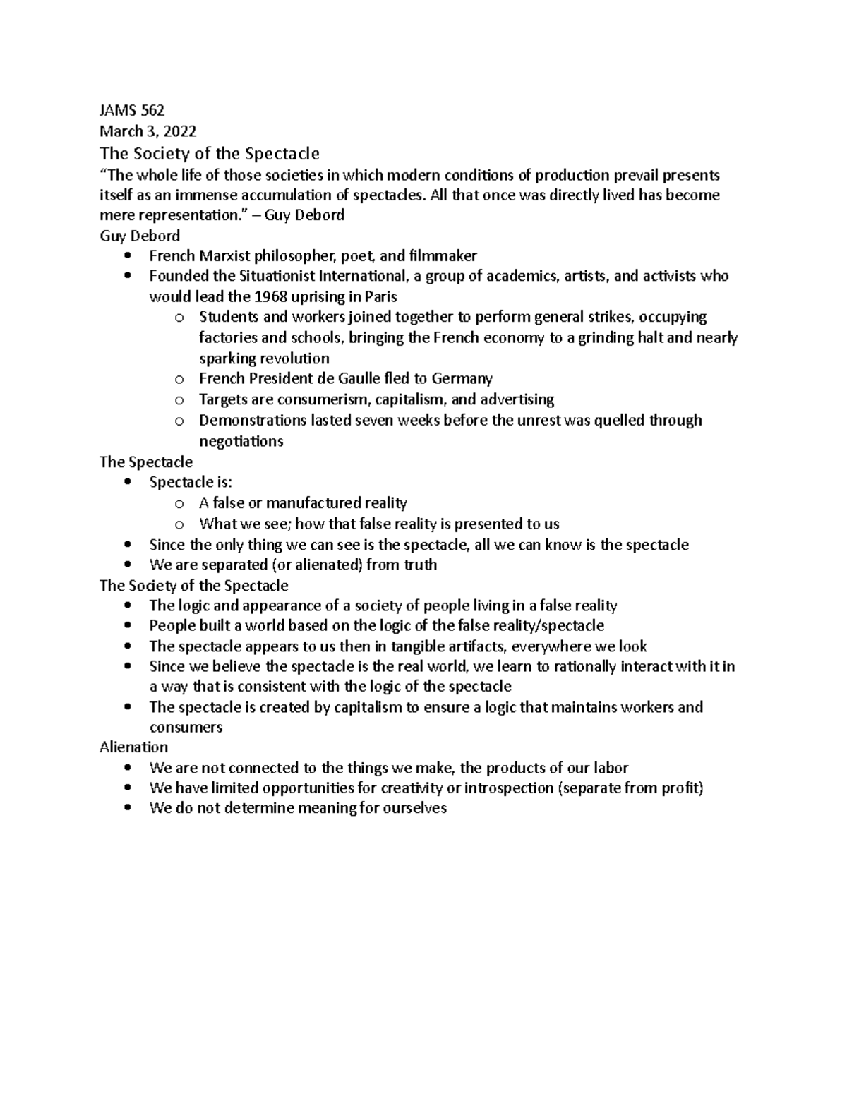 Society ofthe Spectacle March 3 JAMS562 - JAMS 562 March 3, 2022 The ...