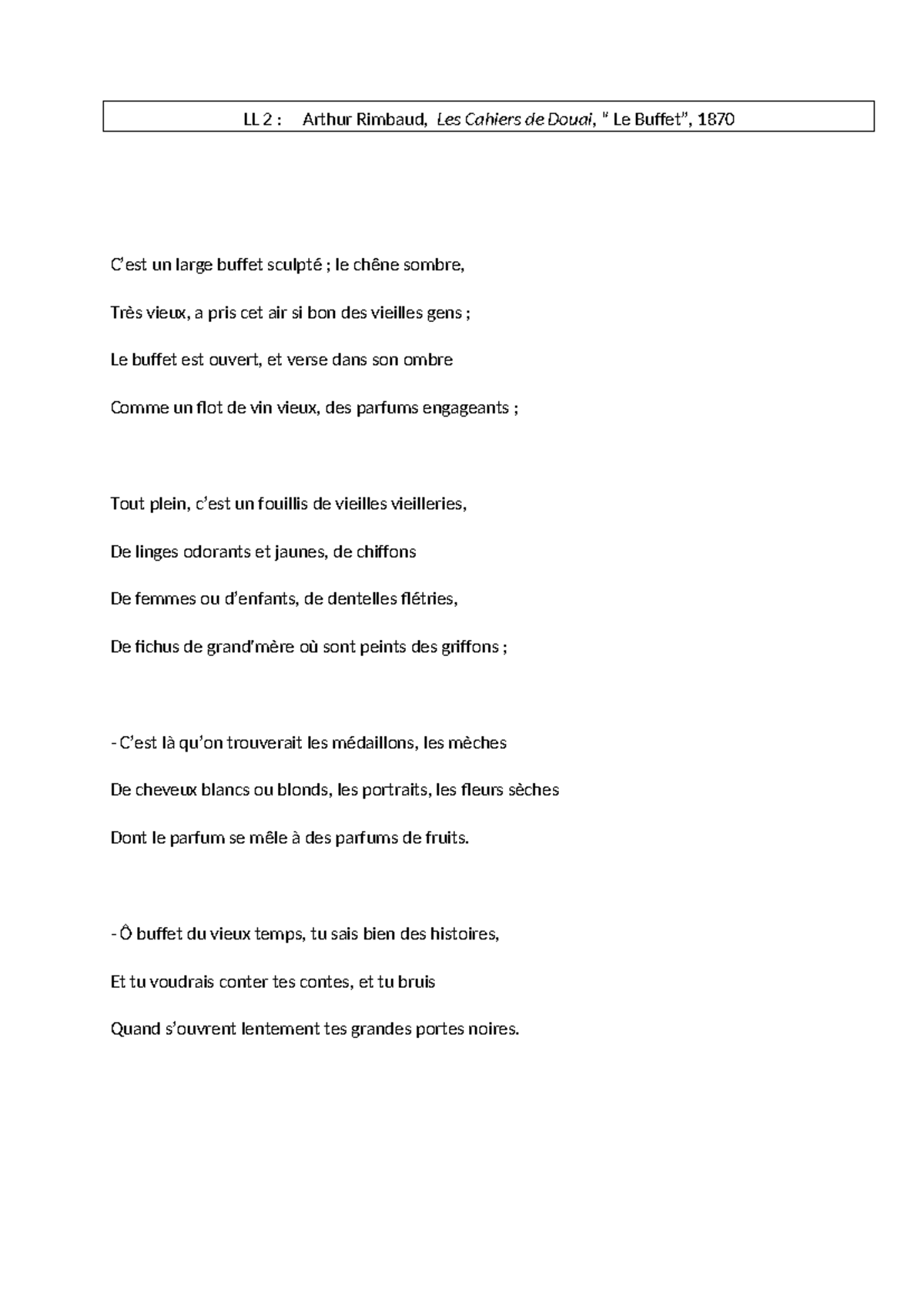 Le Buffet - bonne chance - LL 2 : Arthur Rimbaud, Les Cahiers de Douai ...