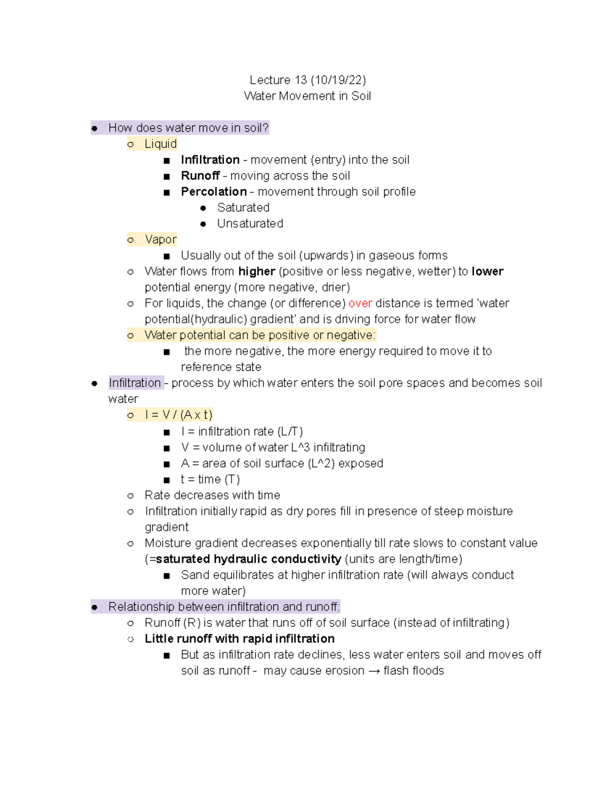 Lectures 13-18, SSC 100 - Lecture 13 (10/19/22) Water Movement in Soil ...