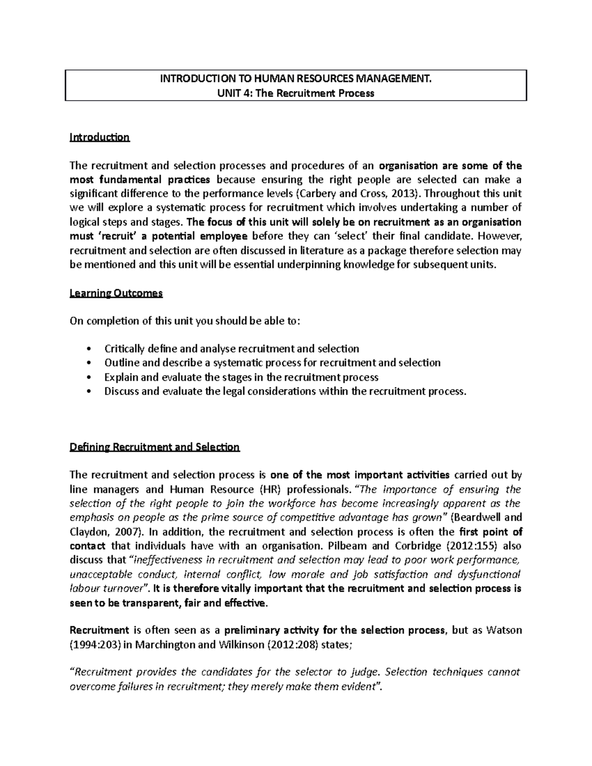 Unit 4 – The Recruitment Process - INTRODUCTION TO HUMAN RESOURCES ...