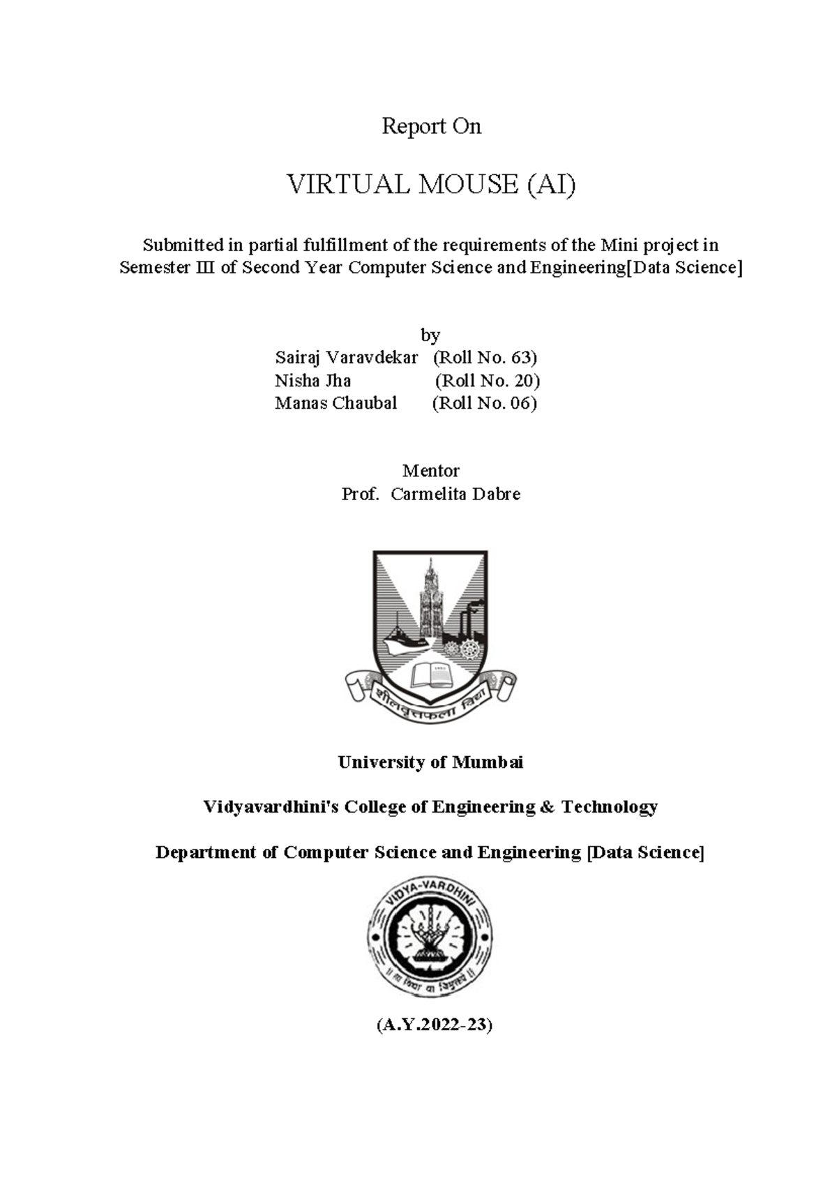 Main miniproject report - Report On VIRTUAL MOUSE (AI) Submitted in ...