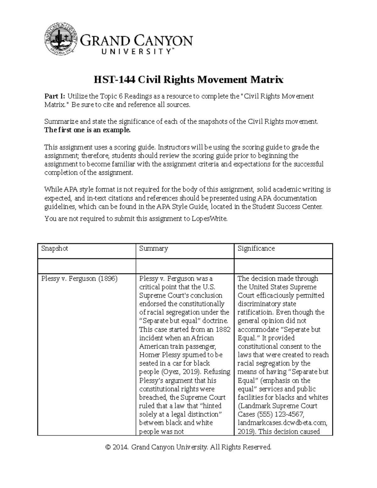HIS144 Civil Rights Movement Matrix - HST-144 Civil Rights Movement ...