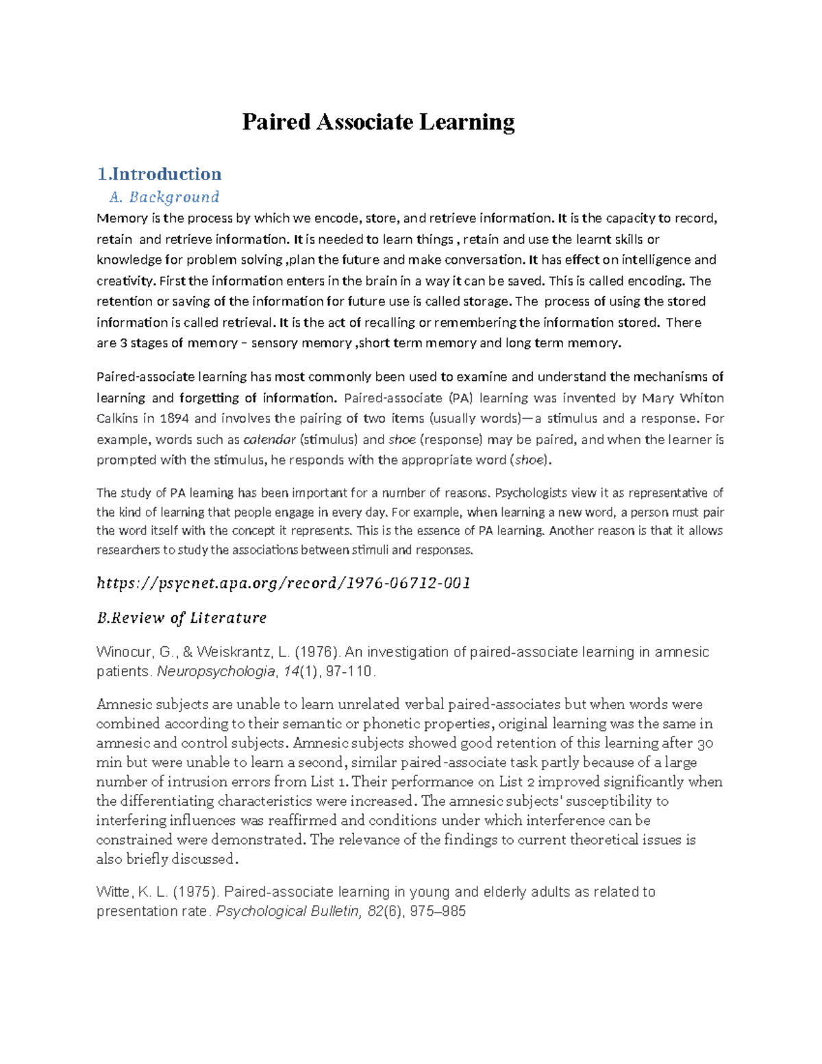 Paired associate learning - Paired Associate Learning 1 A. Background ...