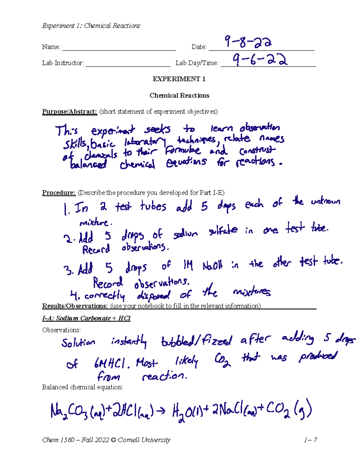 Chemical Reactions Lab Report - Name ...