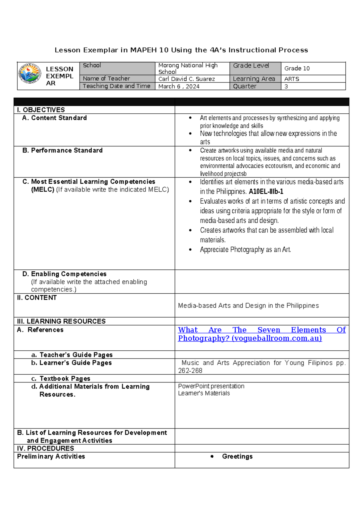 Media Based ARTS - Lesson Exemplar in MAPEH 10 Using the 4A’s ...