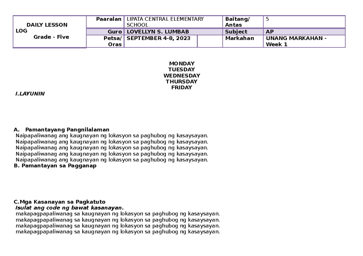 DLL WEEK 1 AP - daily lesson log for ap 5 - DAILY LESSON LOG Grade ...