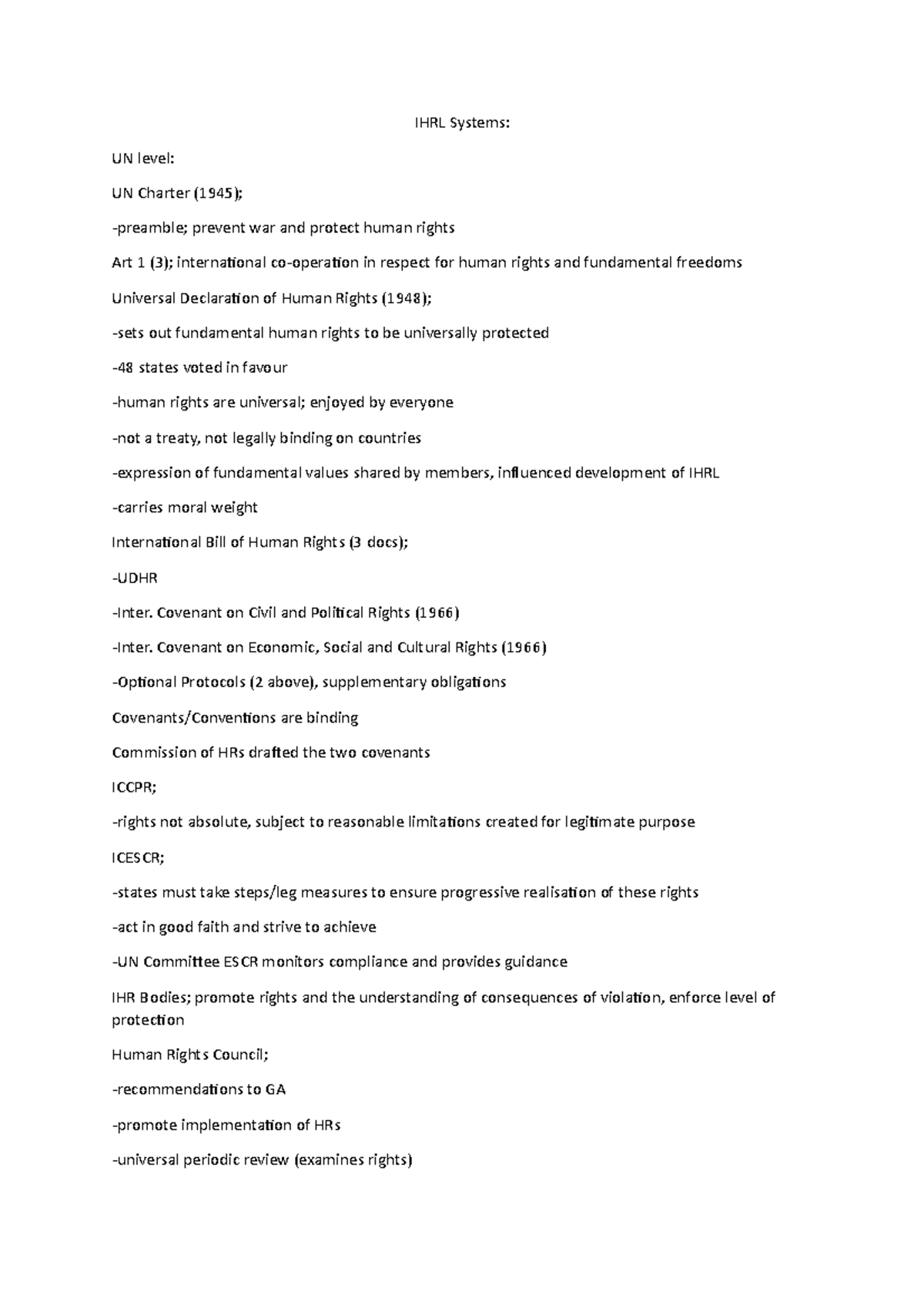 Inter Human Rights Law Systems revison notes - IHRL Systems: UN level ...