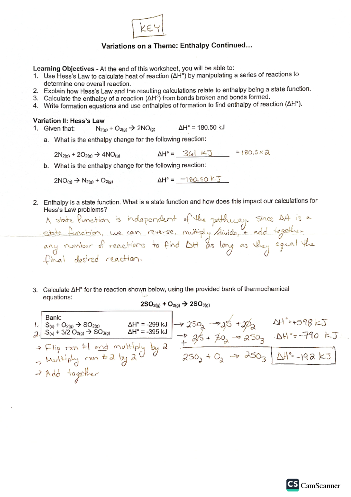 Enthalpy Part II Worksheet Sp2023 KEY - CHEM 1212 - CamScanner ...