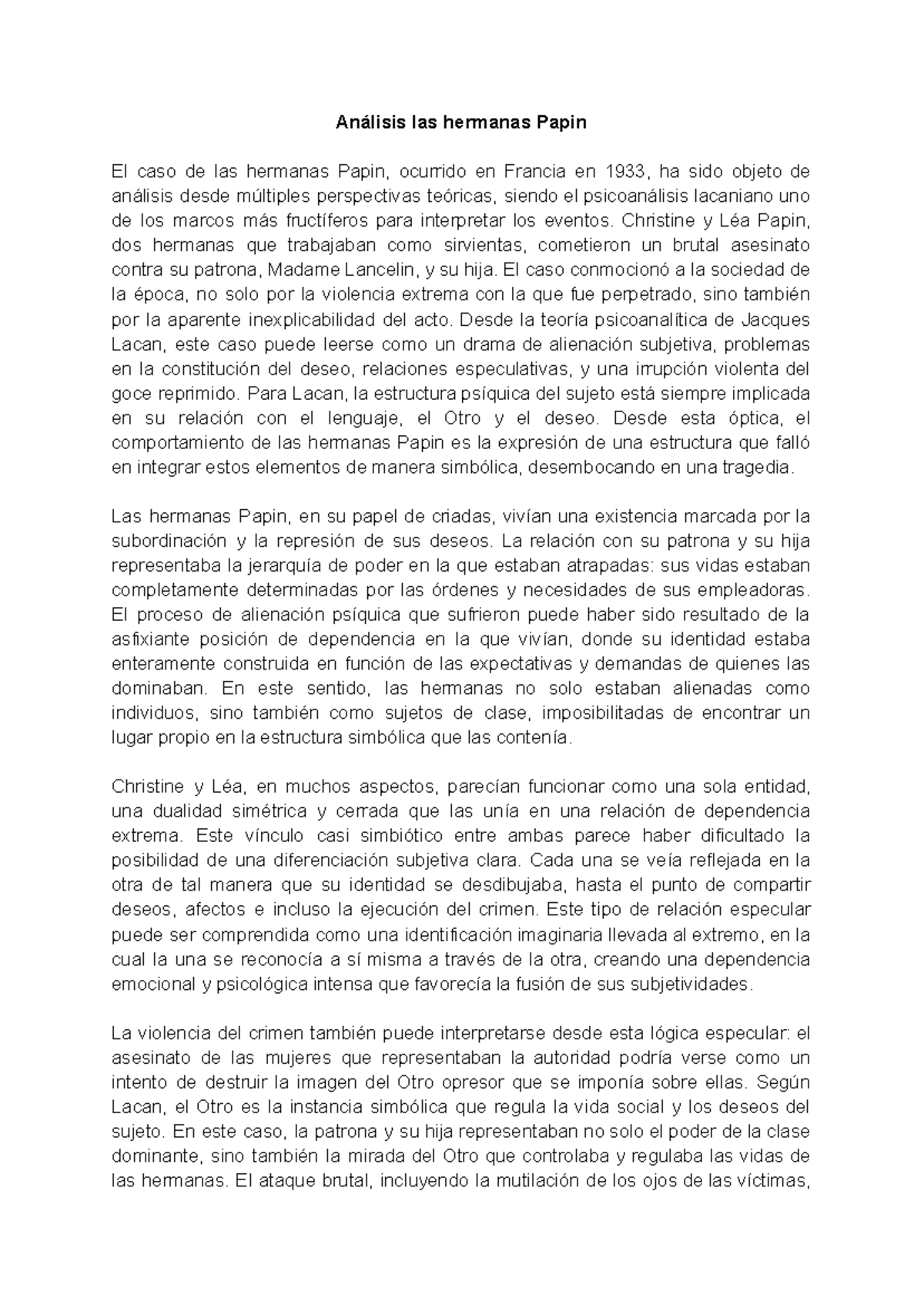 Analisis las hermanas Papin - Análisis las hermanas Papin El caso de ...