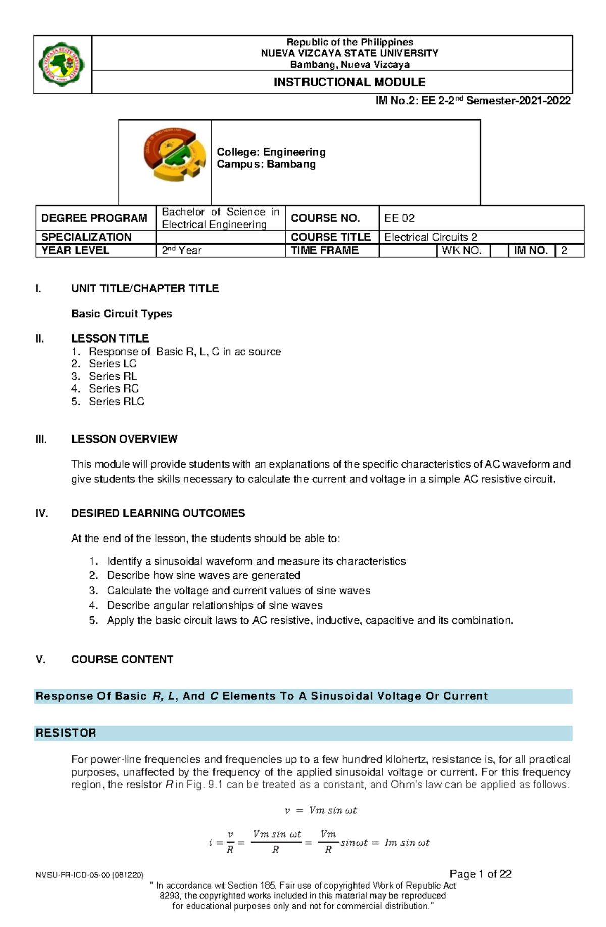 IM-2 - Lecture notes - NUEVA VIZCAYA STATE UNIVERSITY Bambang, Nueva ...