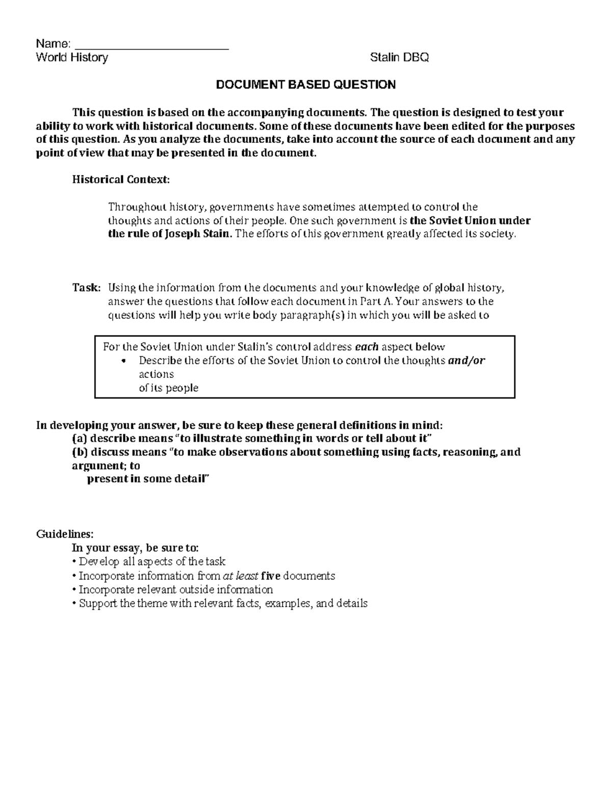2023 stalin dbq - Name: _______________________ World History Stalin ...