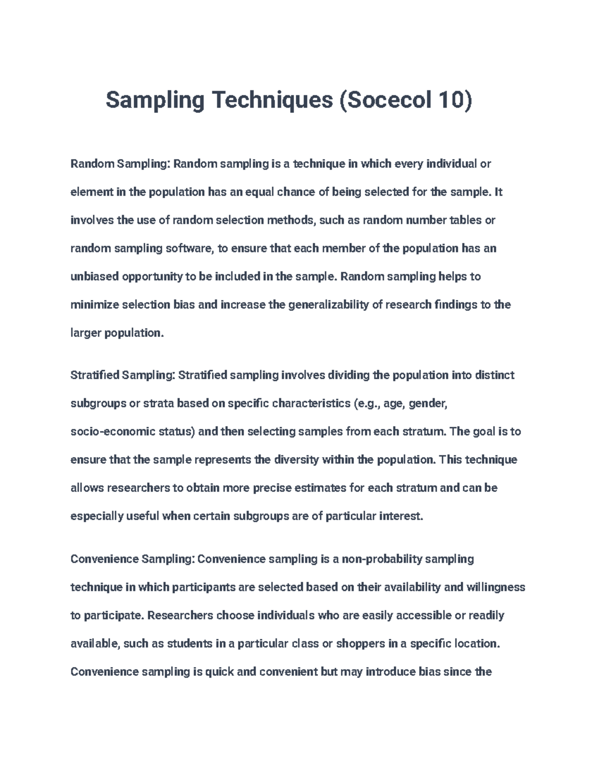 Sampling Techniques (Socecol 10) - It involves the use of random selection methods, such as ...