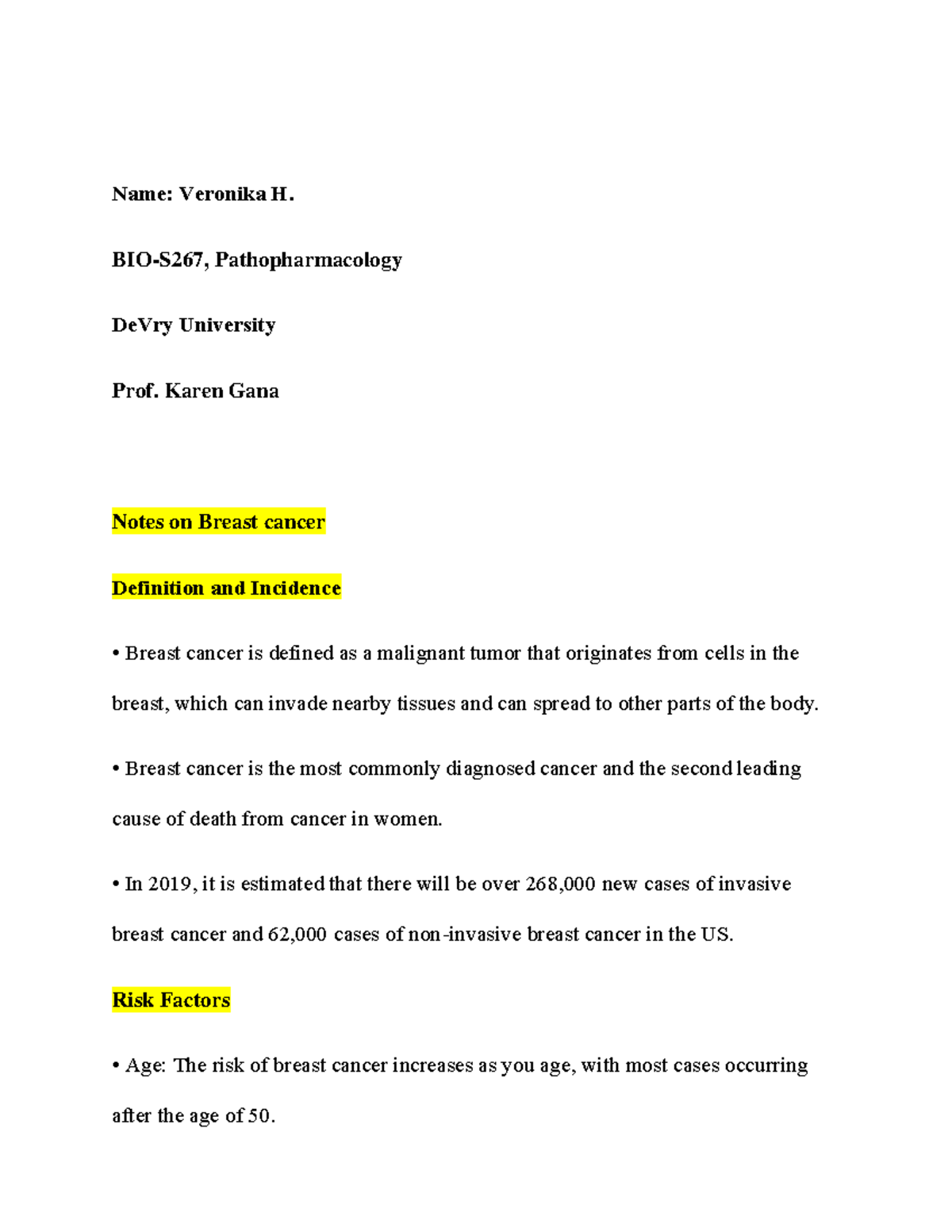 Breast cancer Notes - Namе: Vеronika H. BIO-S267, Pathopharmacology ...